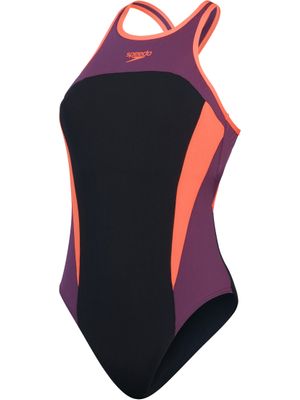 Speedo High Neck Splice Crossback One Piece - Plum/Red