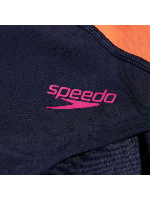 Speedo High Neck Crossback One Piece - Colourblock Navy/Pink/Orange ...