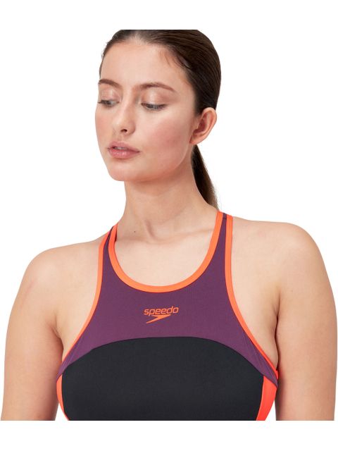 Speedo High Neck Splice Crossback One Piece - Plum/Red | Swimmer.com.au