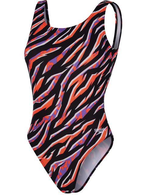Speedo Allover Deep U-Back One Piece - Black/Siren Red/Miami Lilac ...