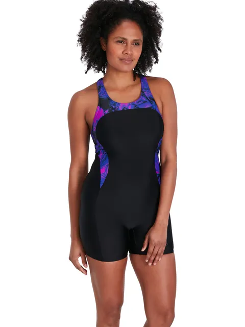 Speedo Allover Panel Legsuit - Black/Royal Purple/Diva | Swimmer.com.au