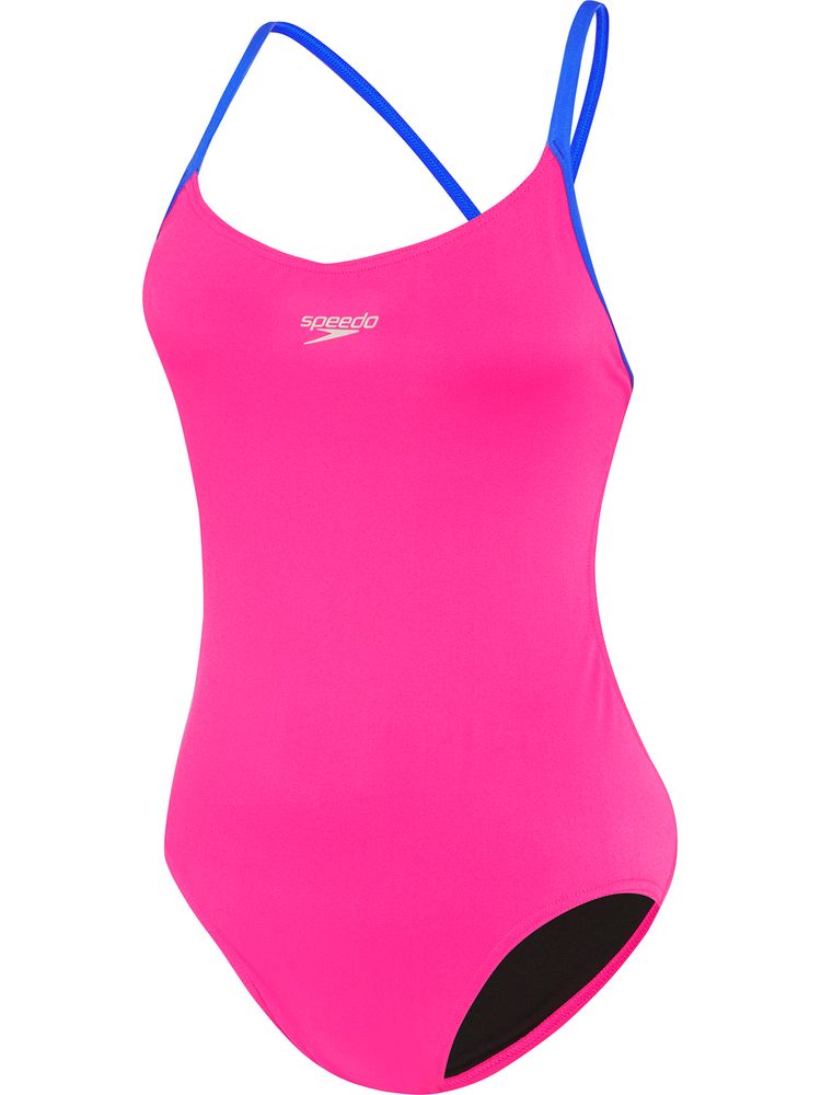 Speedo Solid Thin Strap V-Back One Piece - Electric Pink/Blue Flame
