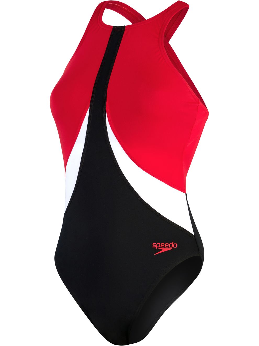 Speedo High Neck Crossback One Piece - Colourblock Black/Red/White