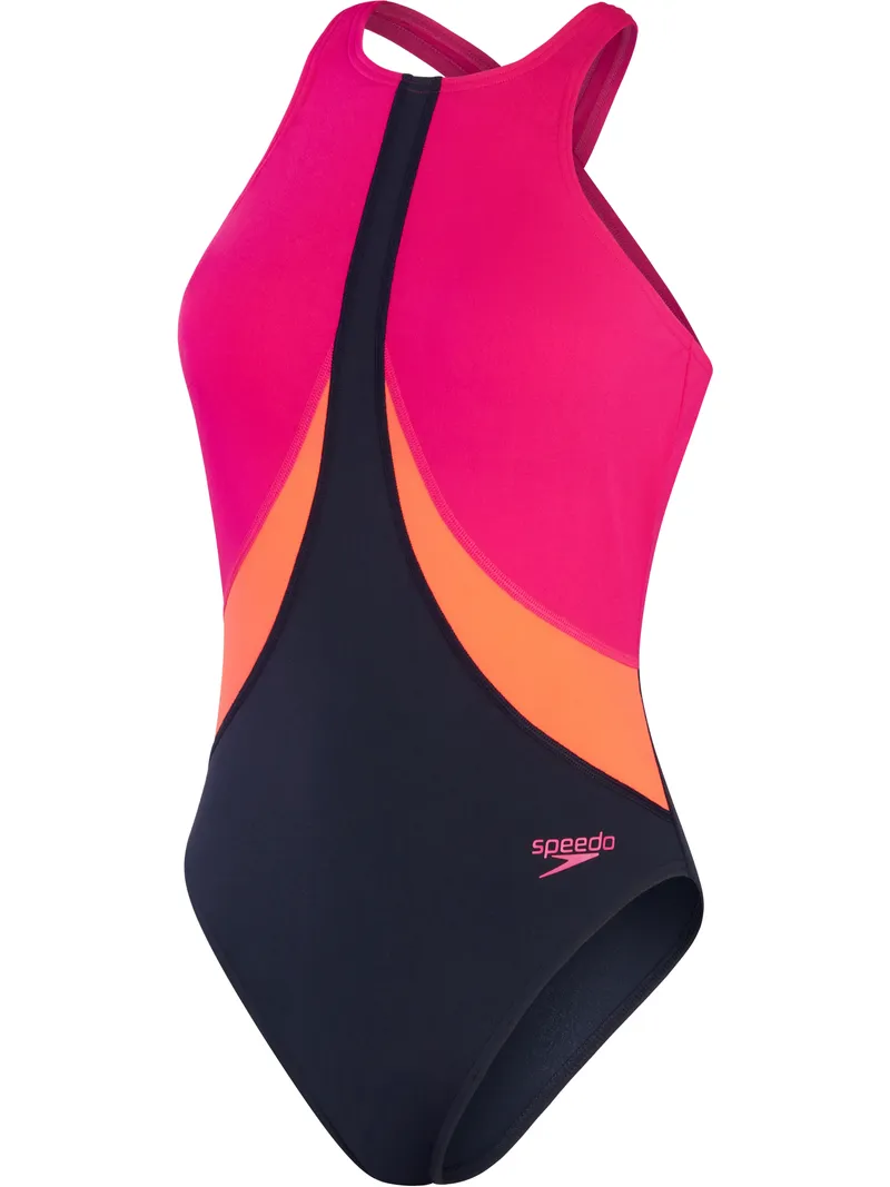 Speedo High Neck Crossback One Piece - Colourblock Navy/Pink/Orange ...