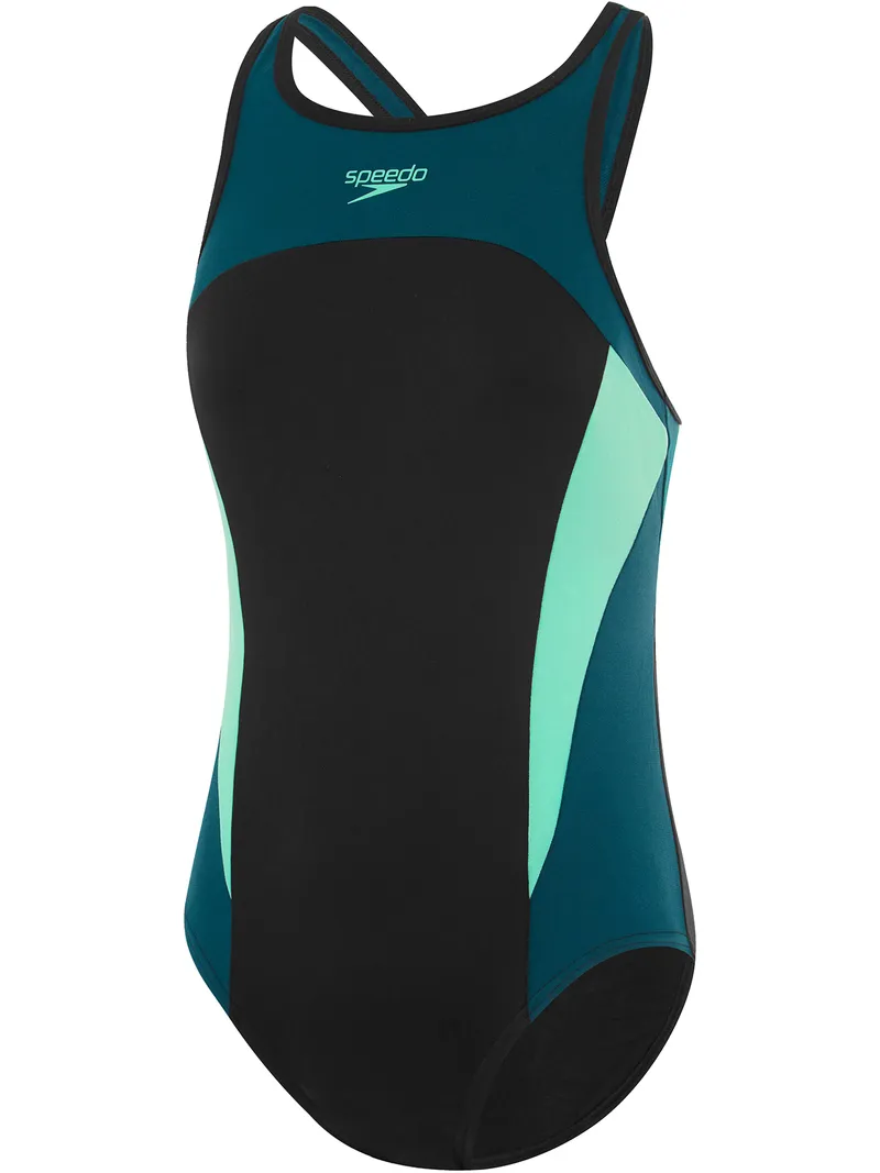 Speedo High Neck Splice Cross Back One Piece - Dark Teal | Swimmer.com.au