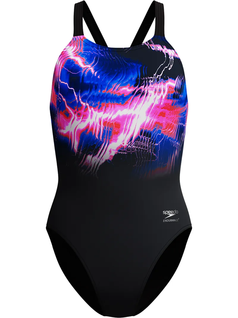 Speedo Placement Print Leaderback One Piece - Electro Static/Black ...