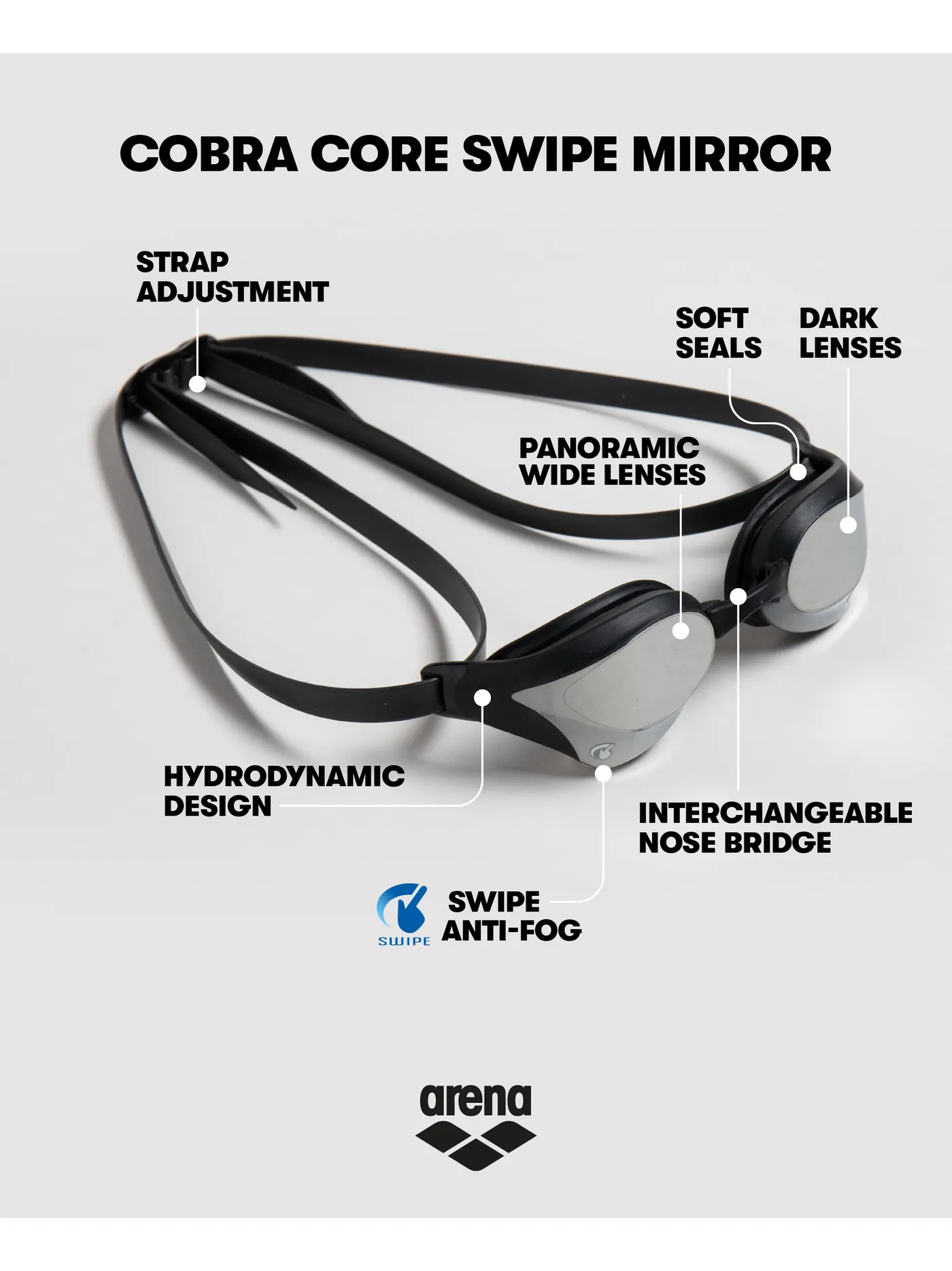 Arena Cobra Core Swipe Goggles - Silver Mirror/Black | Swimmer.com.au